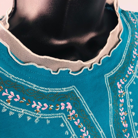 Tops | Turquoise T With Sheer White Mesh Frills | Poshmark